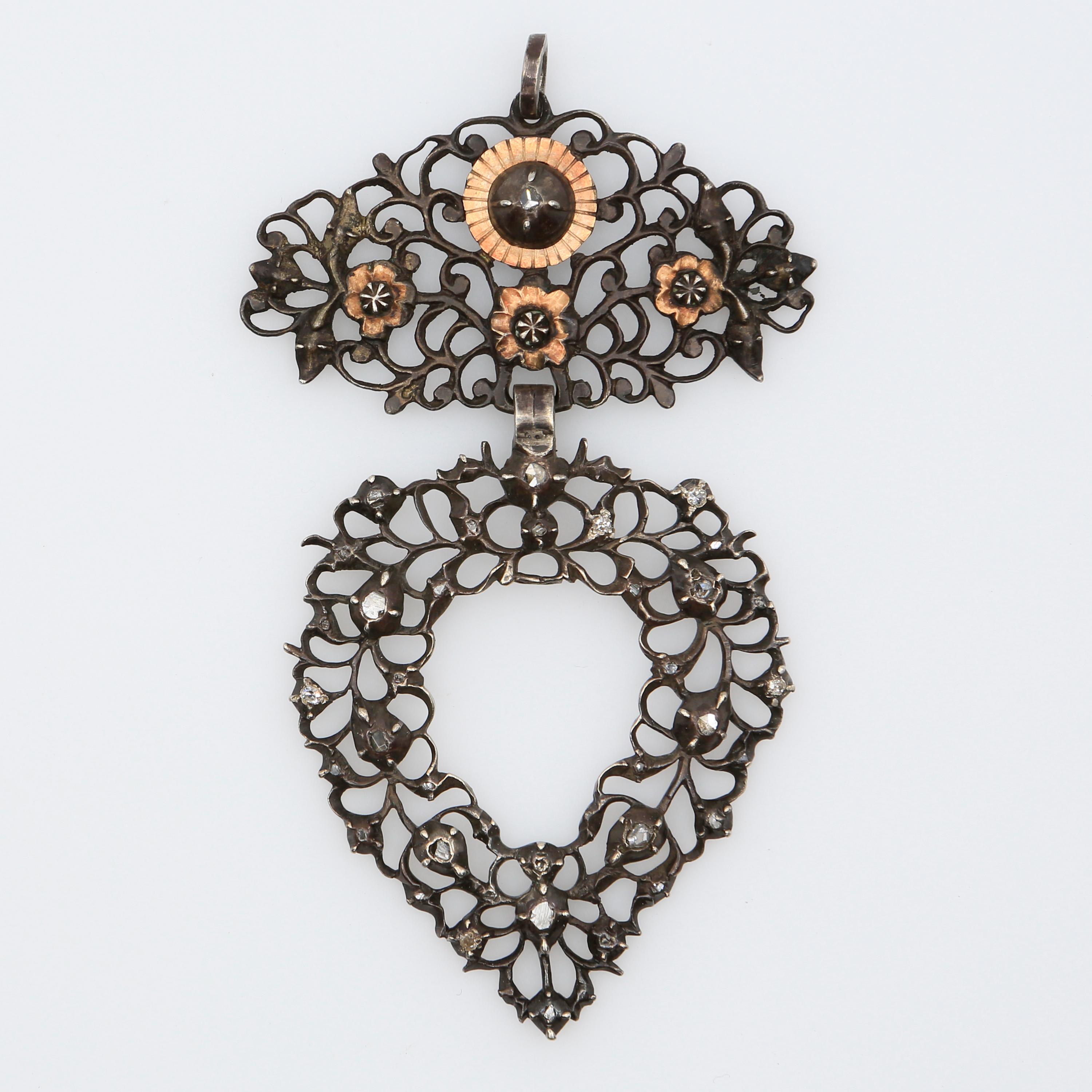 Antique Georgian Silver Gold Diamonds Flemish Openwork Heart Pendant 1820s