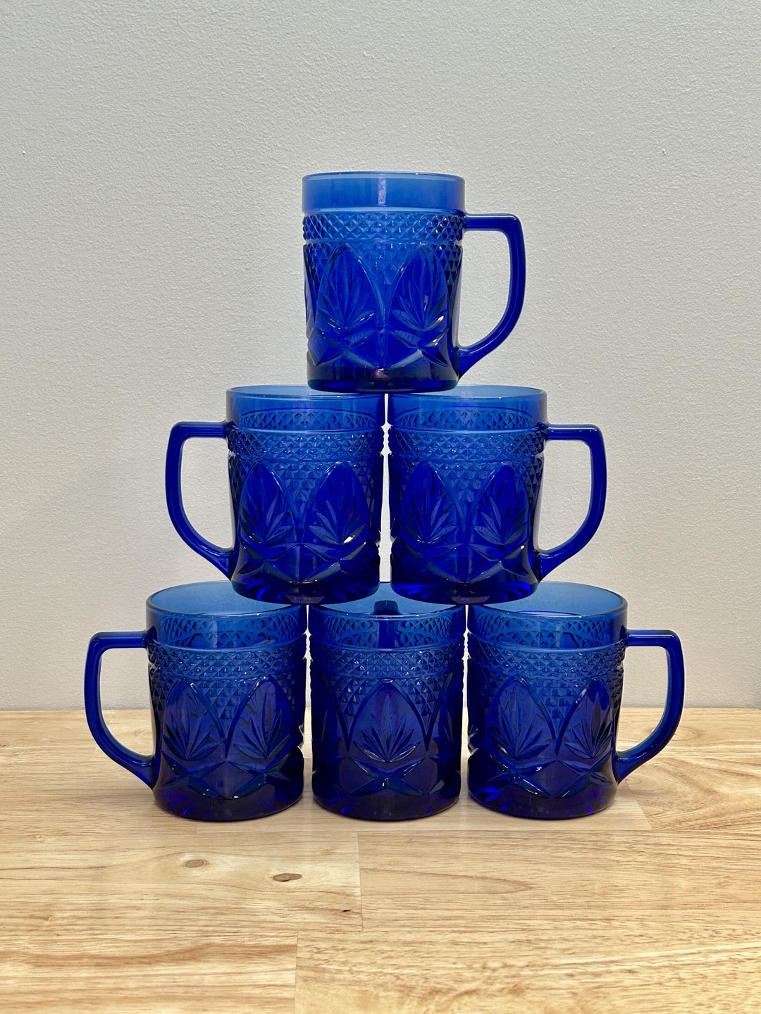 6 Vintage Arcoroc Cobalt Blue Glass Drinking Mugs Sapphire Blue Glass Mugs
