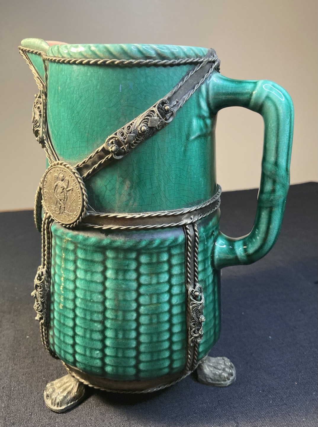 Green Glazed Pitcher With Metal Decor Attached Pink Inside Glazed With ...