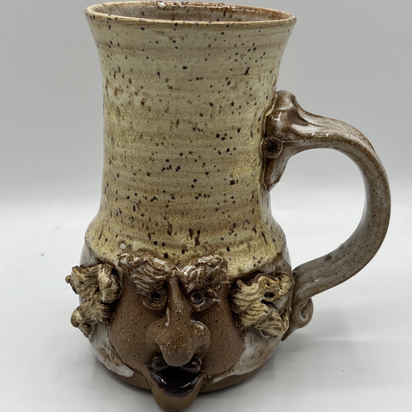 Ugly Face Glazed Pottery Tall Mug Artist Stamped