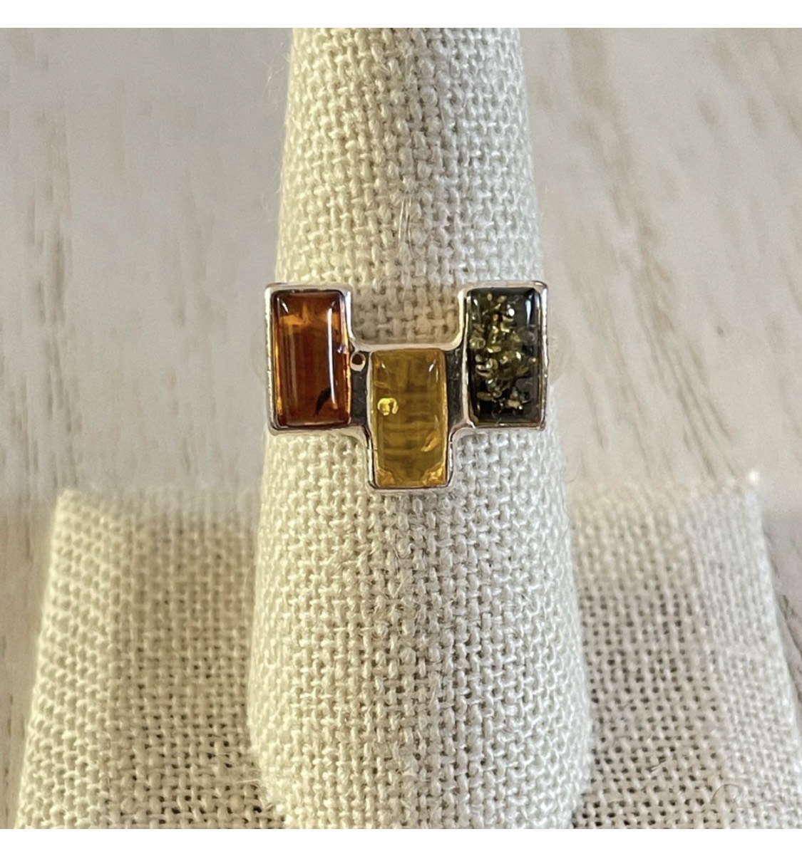 3 stone 3 color amber step ring, silver, size 8