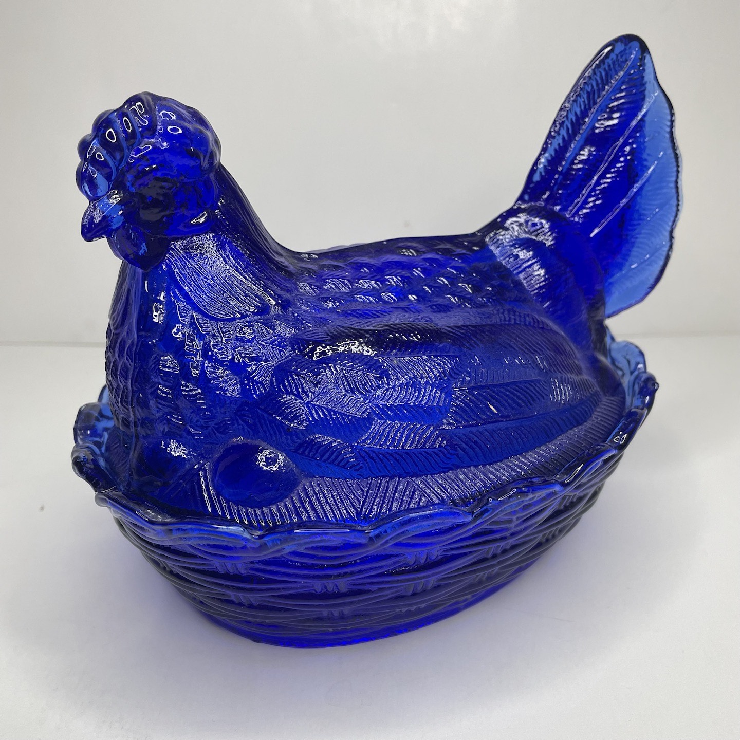 Vintage Cobalt Blue Glass Hen On Nest Split Tail 6 1/2" Covered Dish