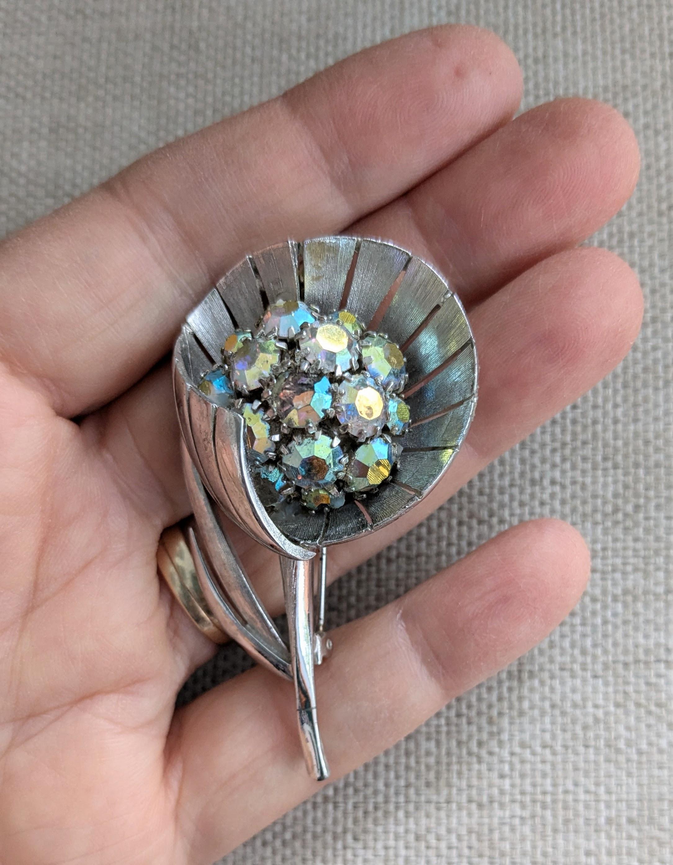 Vintage Signed Kramer Aurora Borealis Rhinestone Brooch in Silver Tone