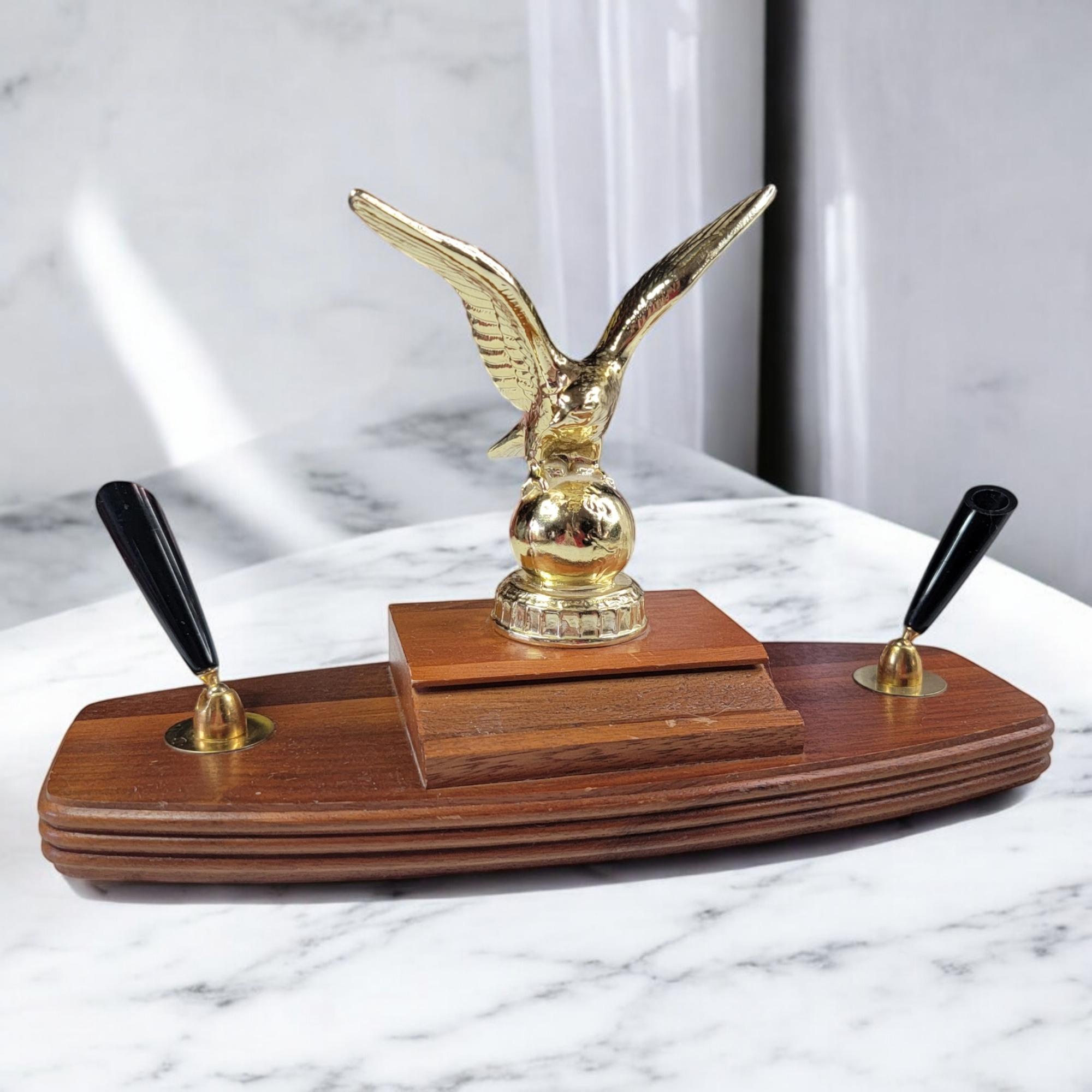Vintage Gold Tone Eagle Pen Holder on Wooden Base