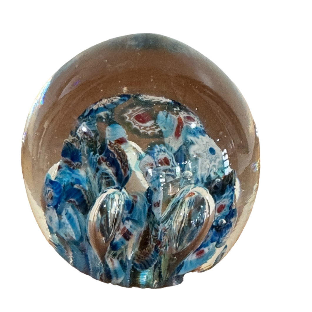 Vintage Blown Glass Paperweight Blue Controlled Bubbles Small
