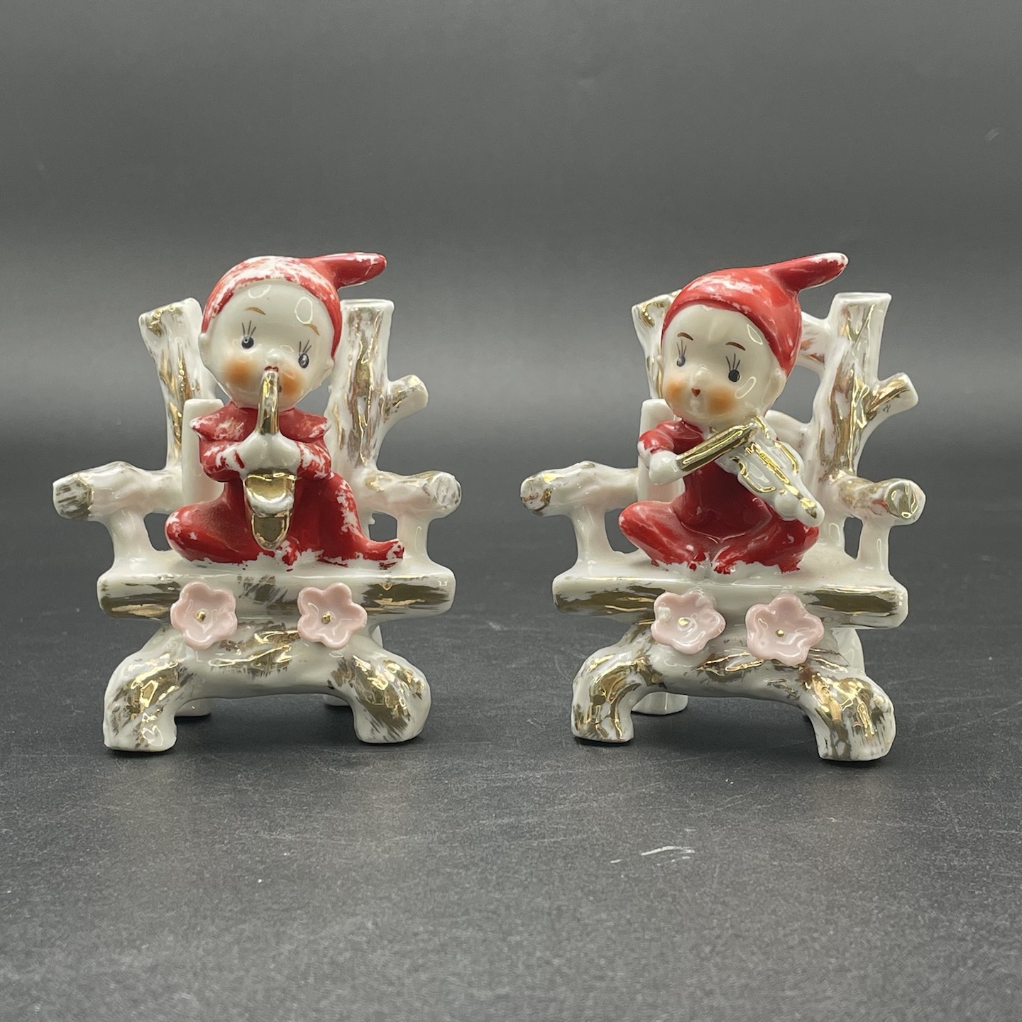 Set of 2 Ceramic Pixies on Chairs Musical Elves Elf Instruments Figurines