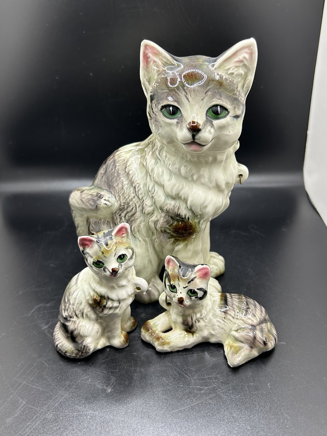 Sale - Vintage Porcelain Ceramic Cat with 2 Baby Kittens Grey With ...