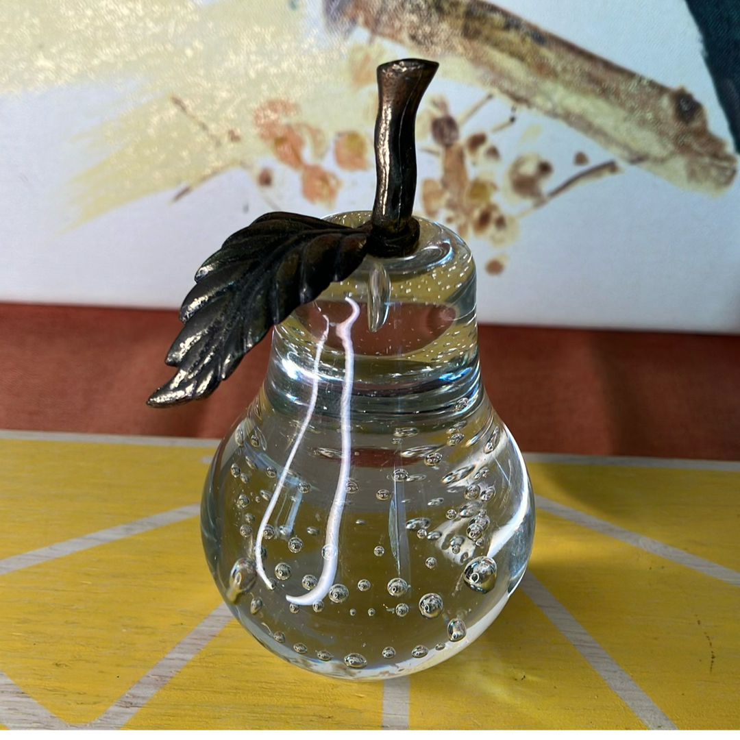 Solid Glass Pear Paperweight With Bubbles - Taiwan