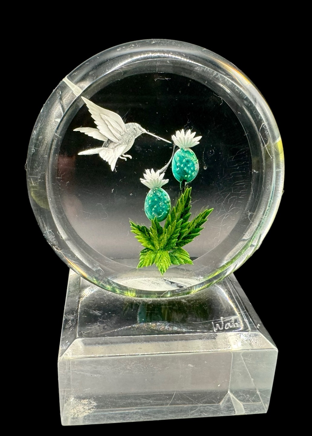 Signed Lucite Paperweight Hummingbird Reverse Painted Wald