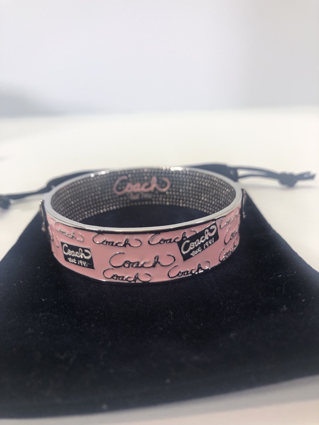 Coach Pastel Pink Enamel Silvertone Bangle Bracelet 2 1/2”