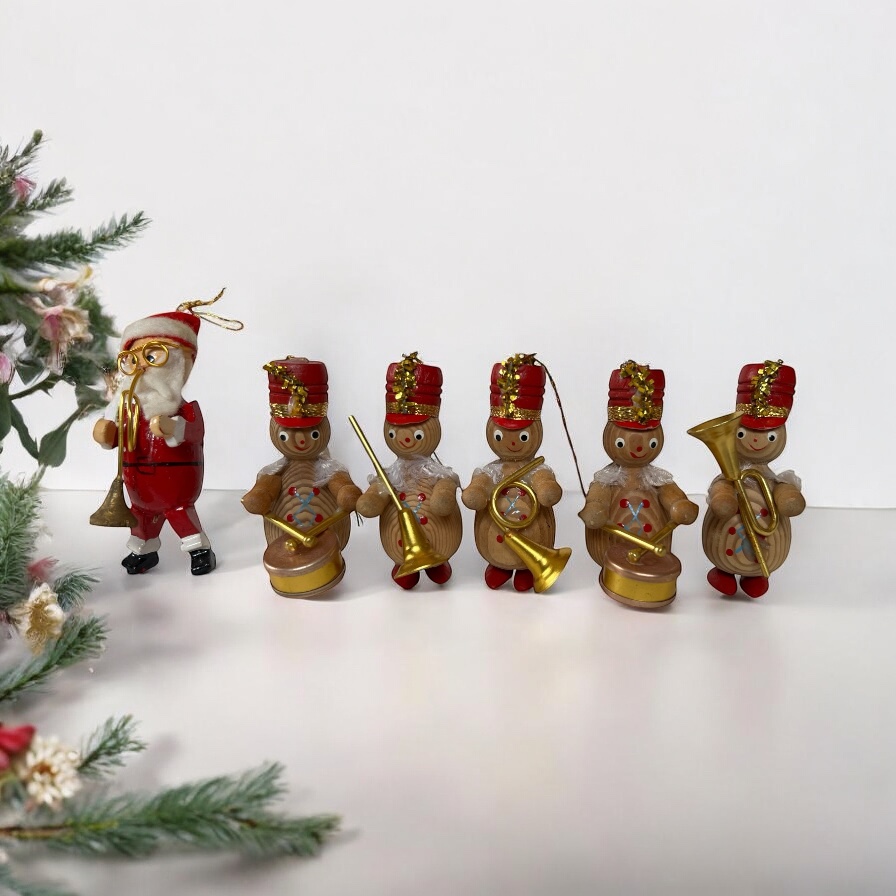 Vintage Wooden Marching Band Snowman and Santa Ornaments. Original Box ...