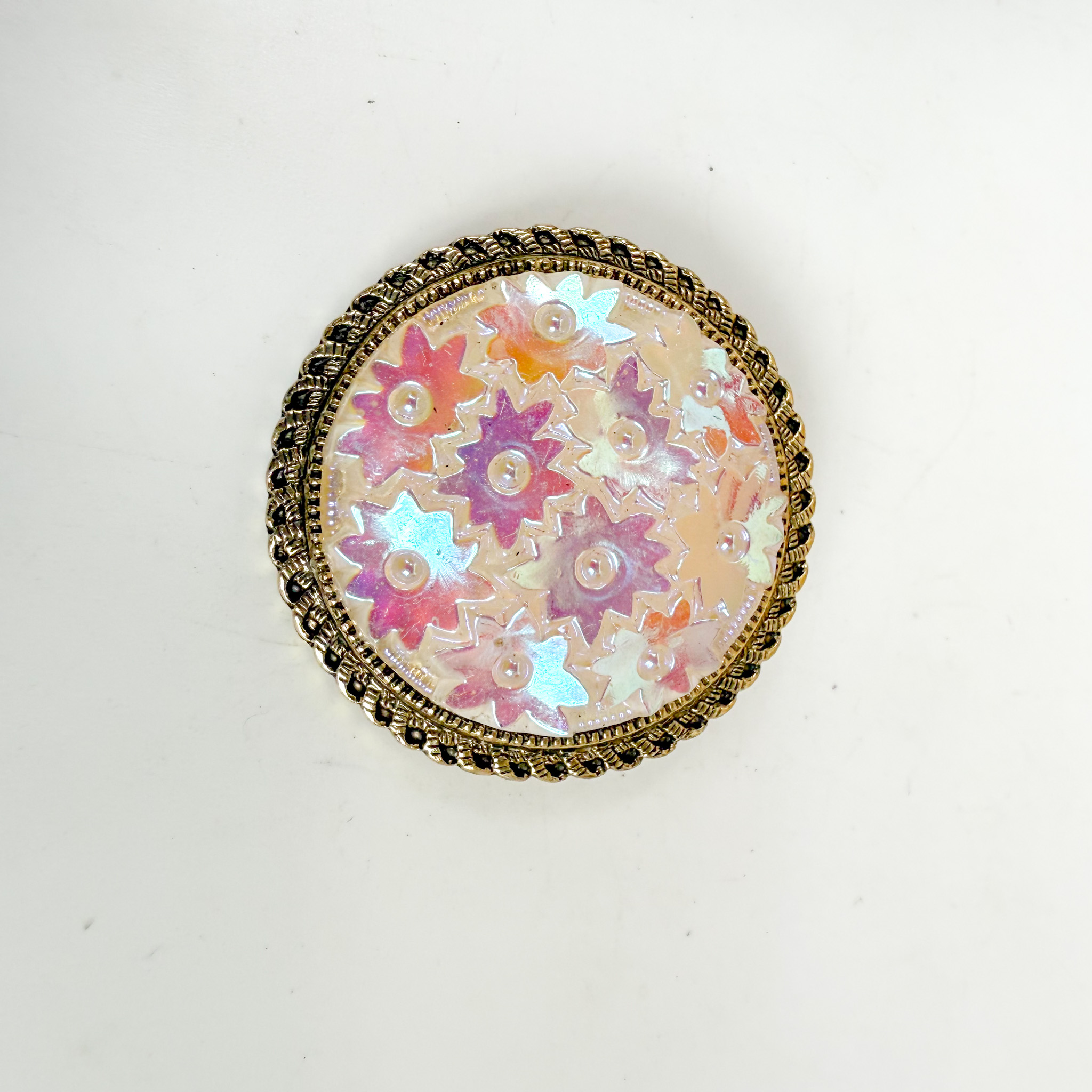 West germany Gold Tone Carnival Iridescent glass flowers Dress Scarf Clip