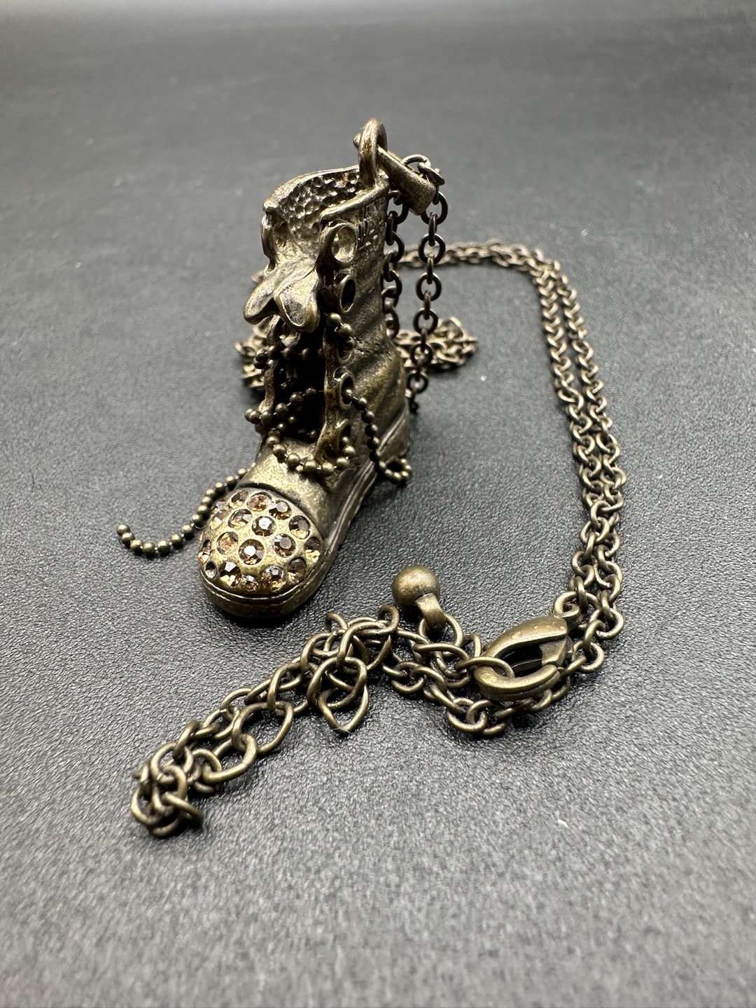 Brass Combat Boot Pendant Necklace, 32”