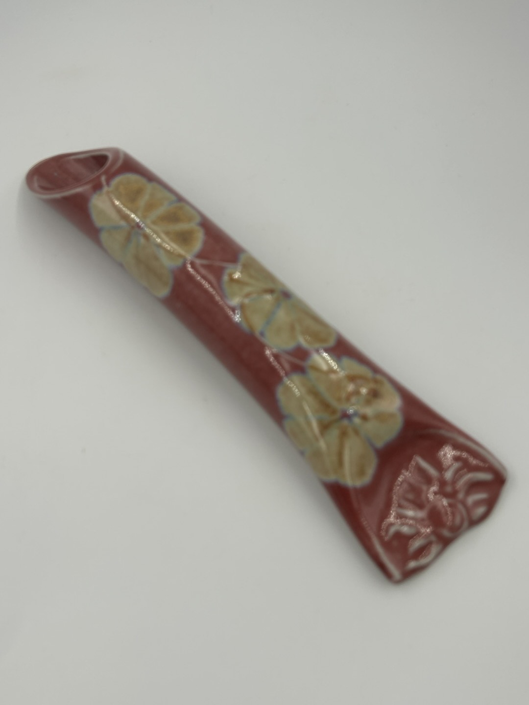 Red And Floral Studio Pottery Pinched End Wall Pocket
