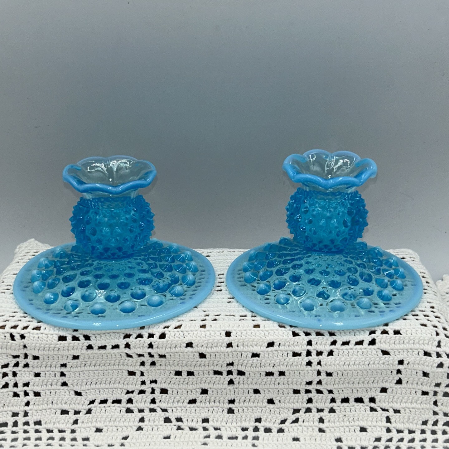 Vintage Set of 2 Fenton Blue Opalescent Glass Hobnail Candlestick Holders