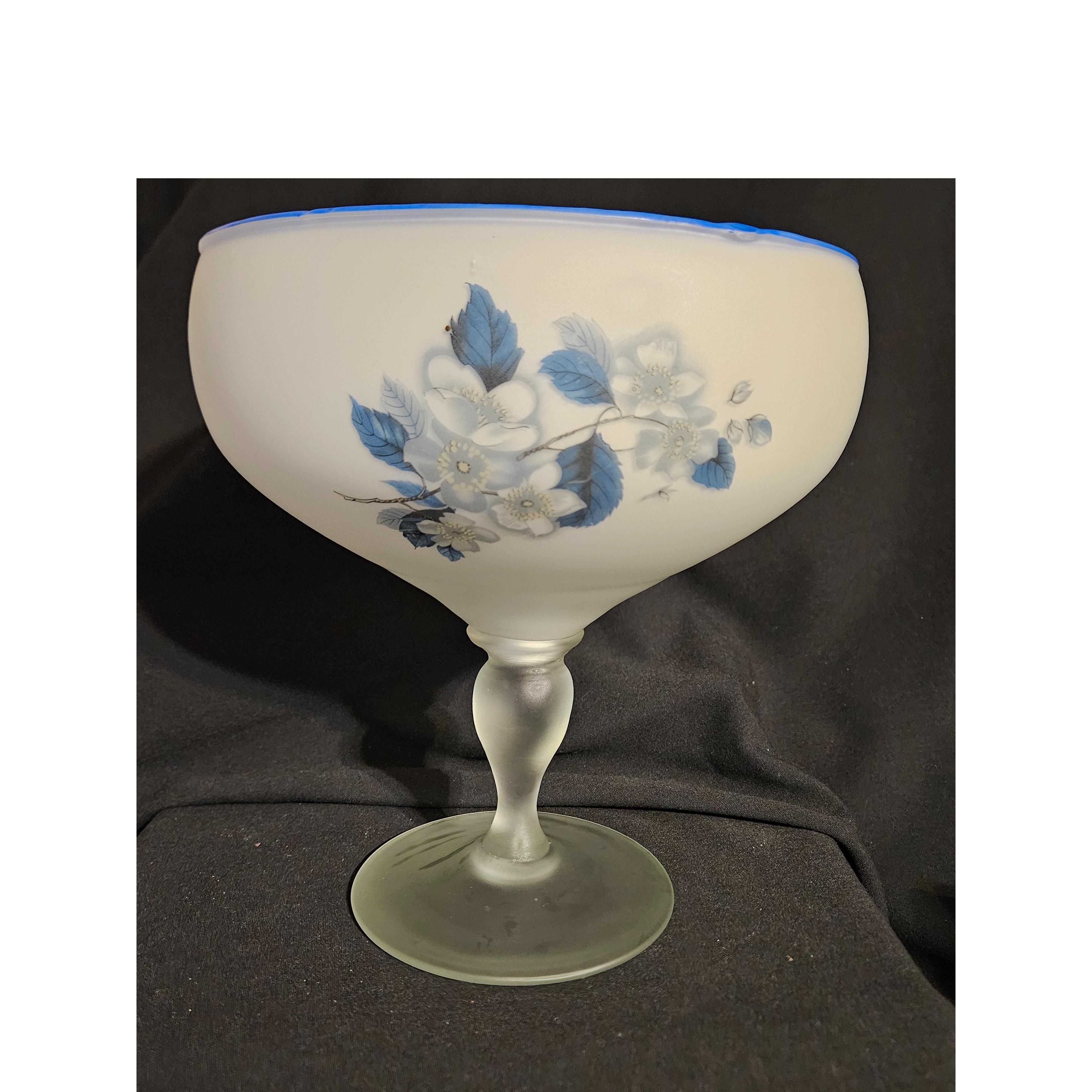 Vintage White Satin Glass Floral Compote/Bowl - 8 3/4"