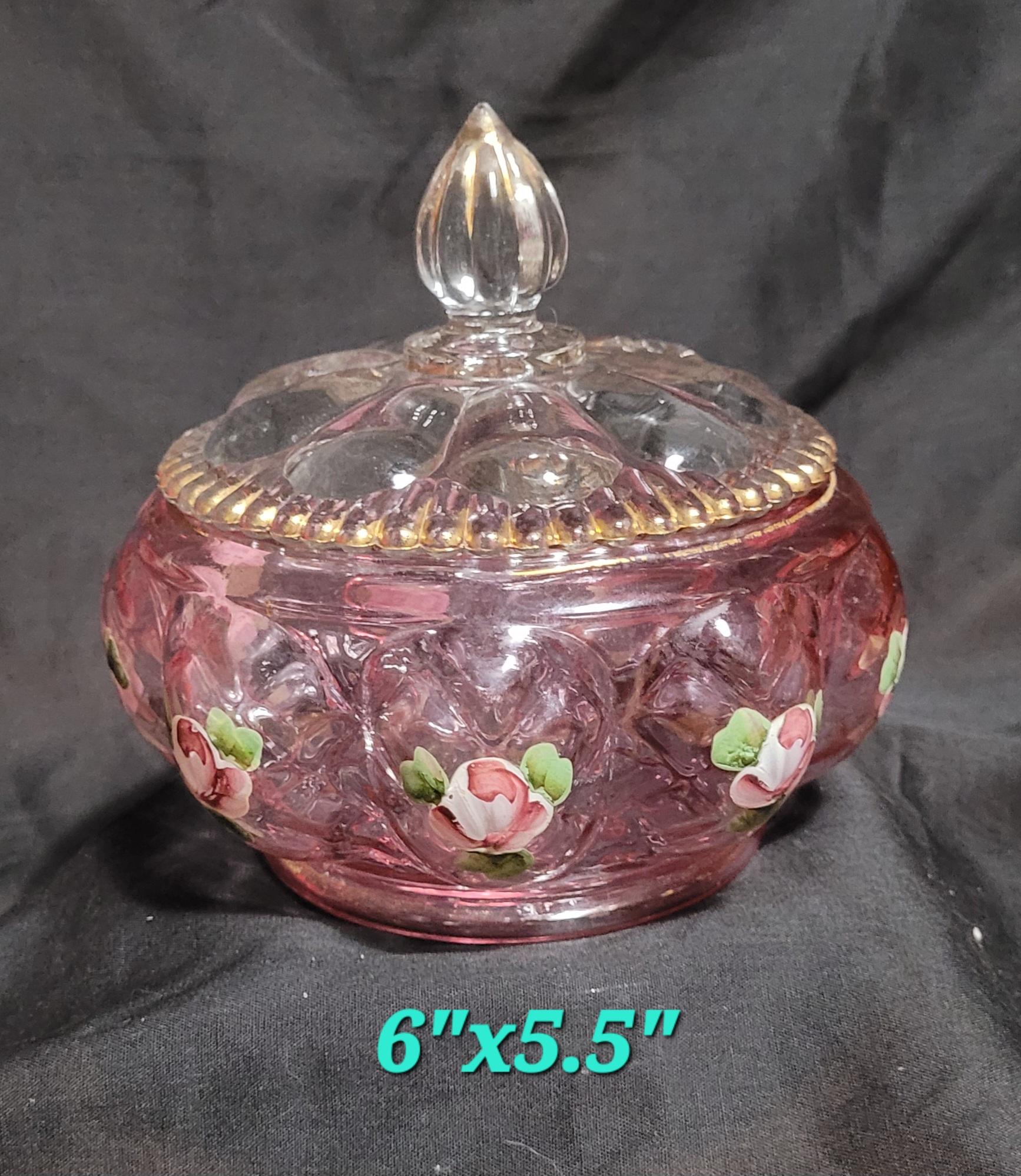 Vintage Fenton Optic Cranberry Pink Glass Candy Dish Powder Vanity Jar ...