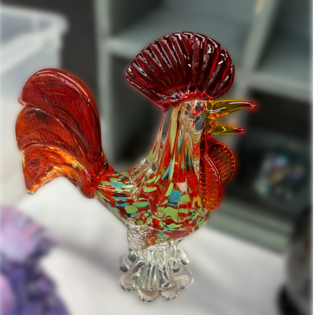 Gorgeous Art Glass Speckled Rooster With Glowy Beck 8 3/4” Tall