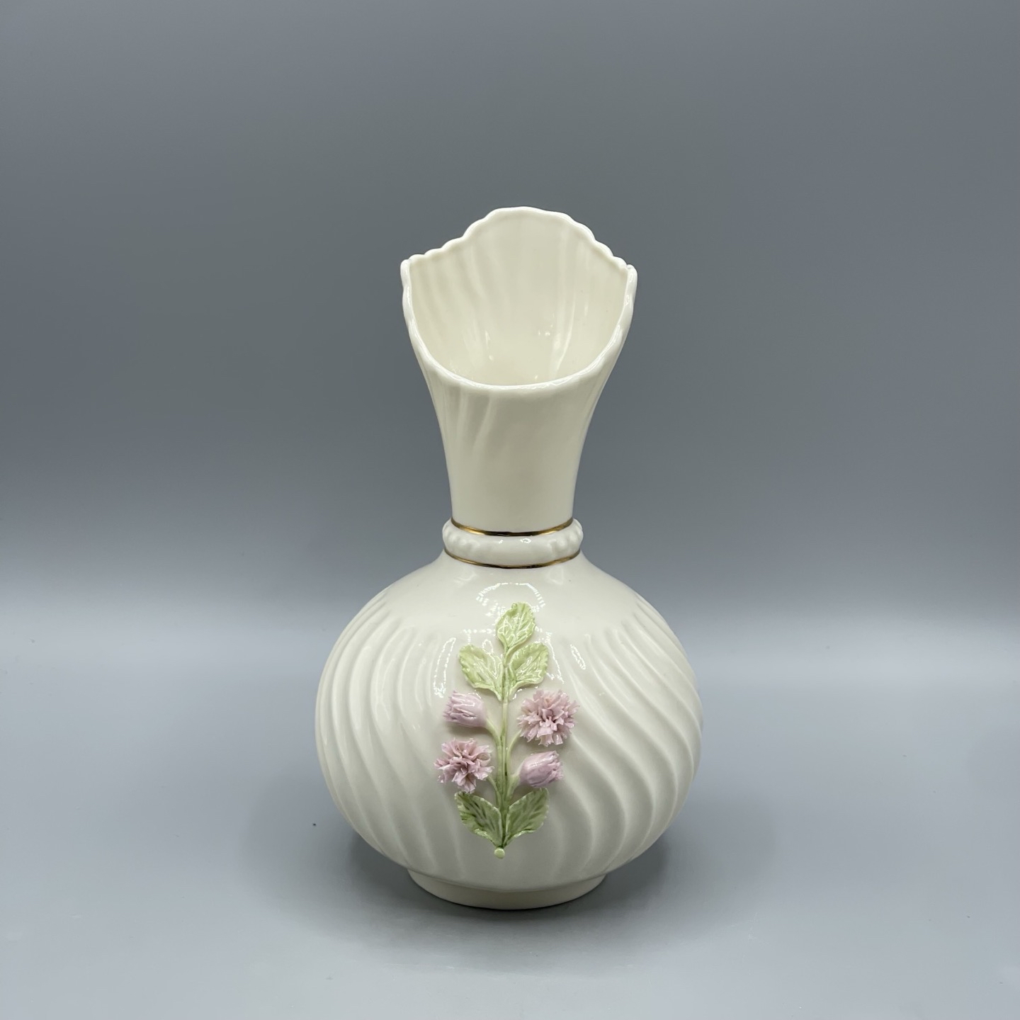 Belleek Irish Pottery Scroll Flow Vase w/ Pink Applied Flowers