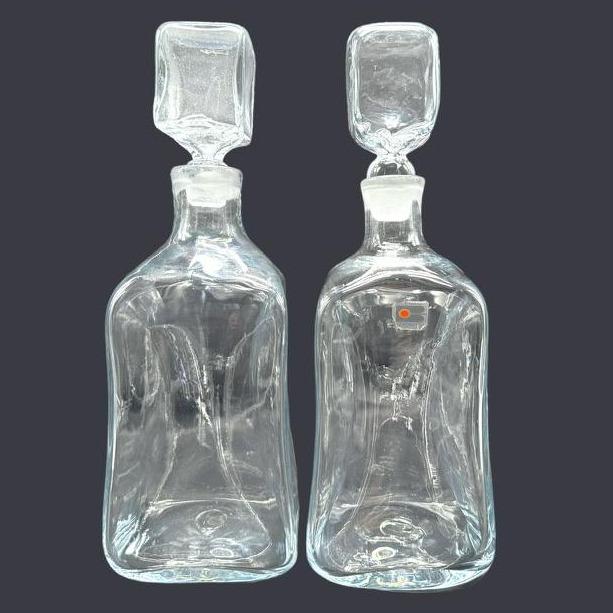 Vintage Blenko Clear Glass Pinched Decanter With Square Stoppers - Set of 2