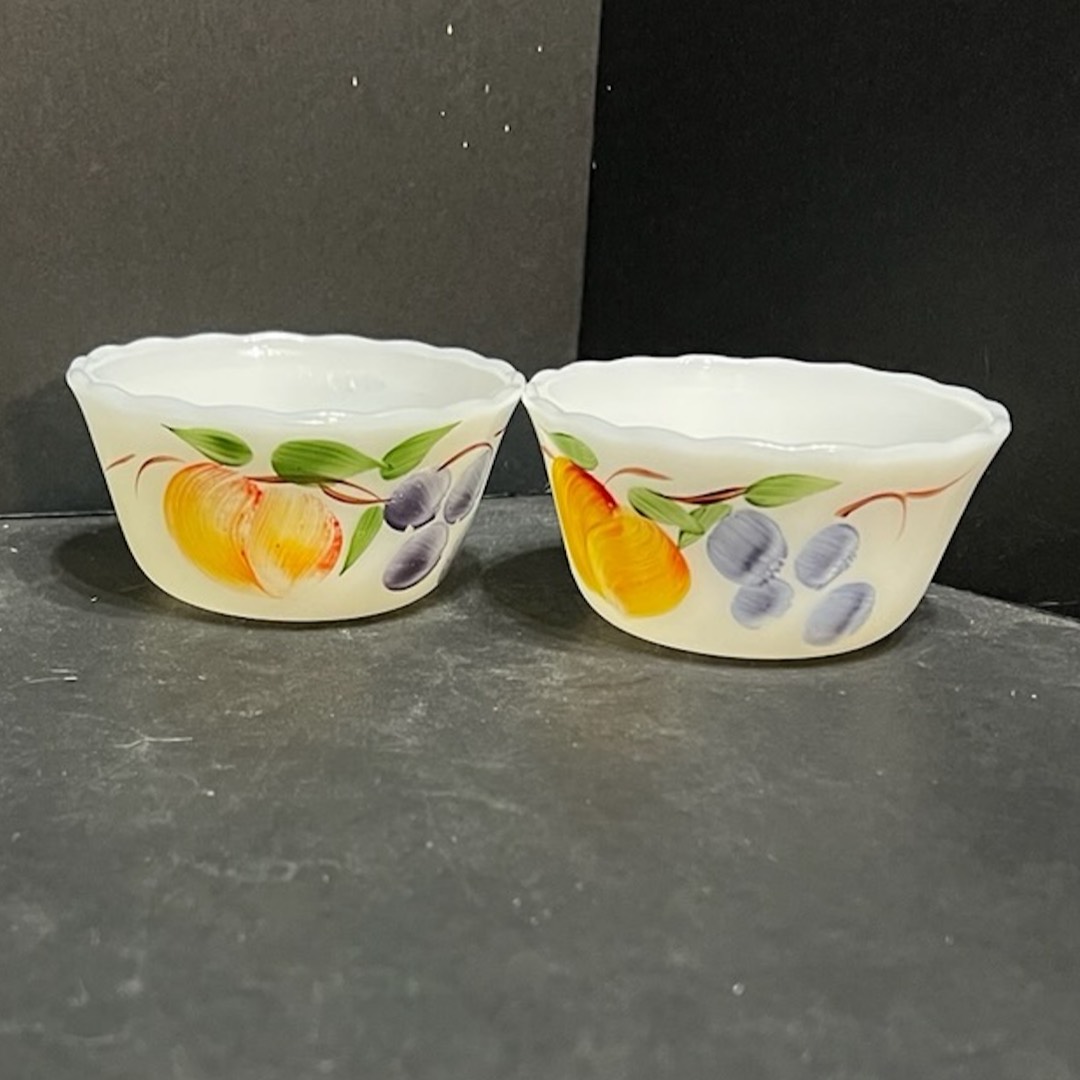 Set Of 2 Fire King Gay Fad Fruit Hand Painted Milk Glass 6oz Custard ...