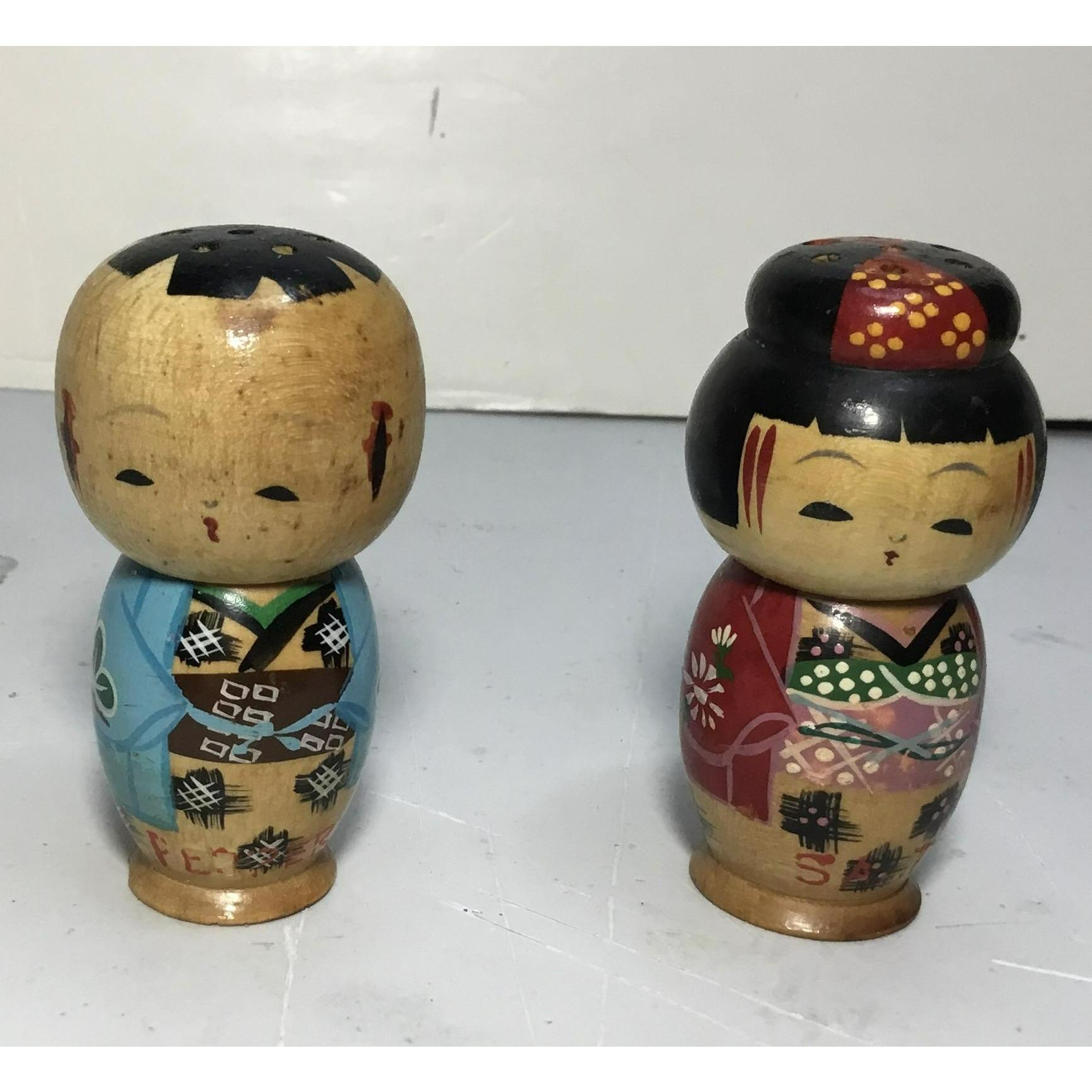 Vintage, hand painted Keshi doll salt and pepper shakers, Japan
