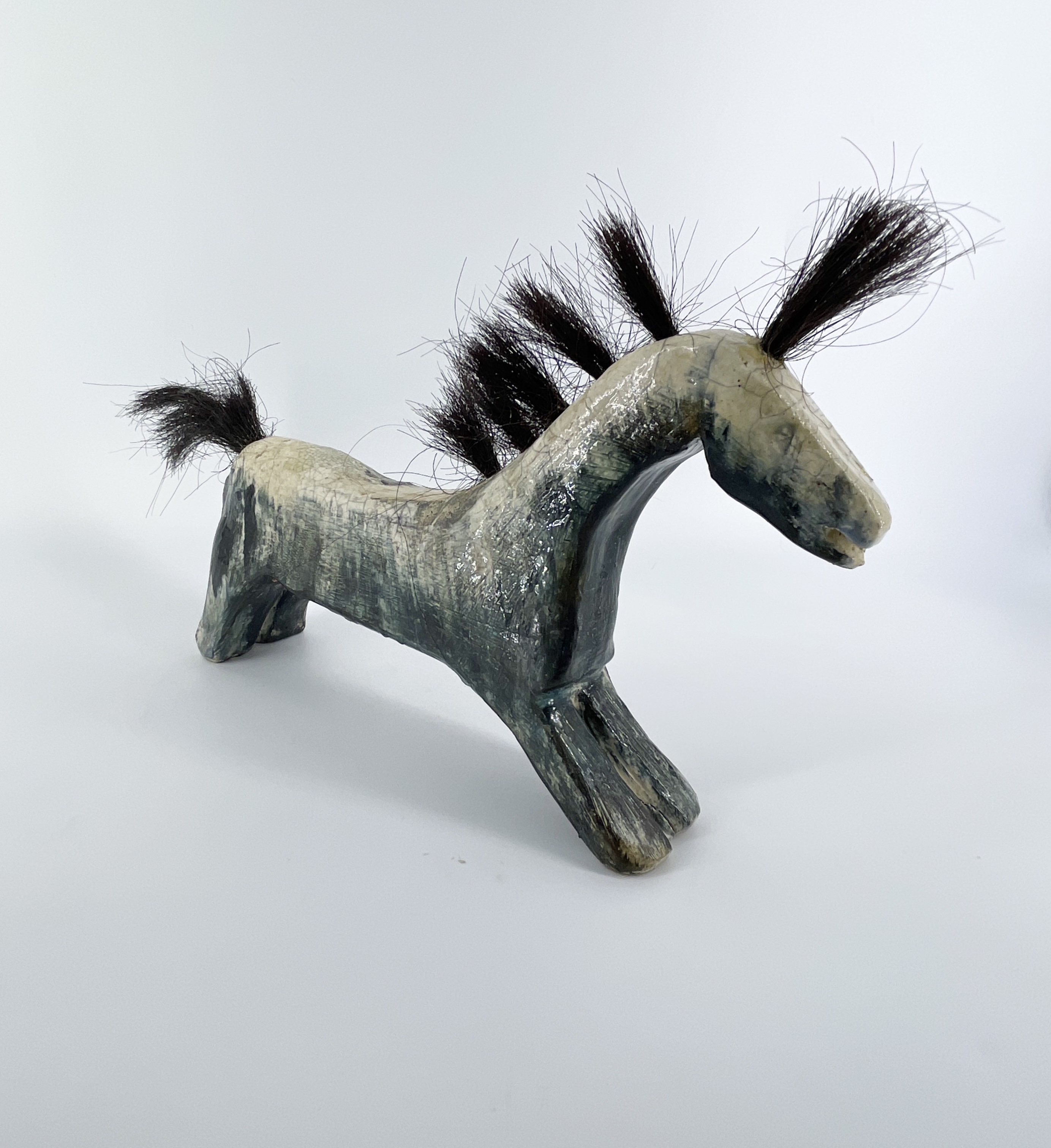 Derpy Raku Fired Hand Molded/Etched Horse Statue Wild Hair