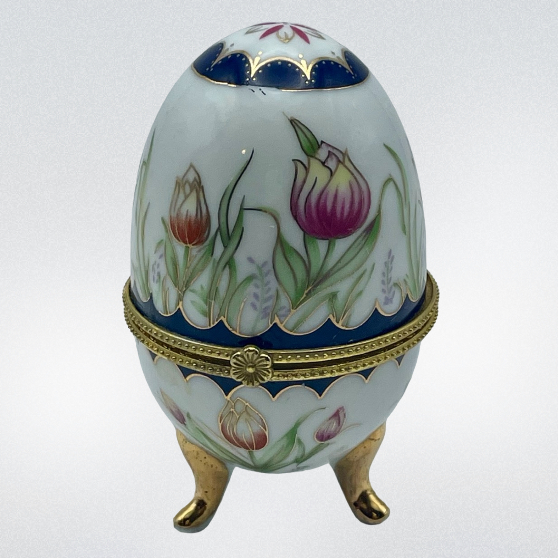 Vintage China Footed Hinged Egg Trinket Box with Tulips, Gold Accents