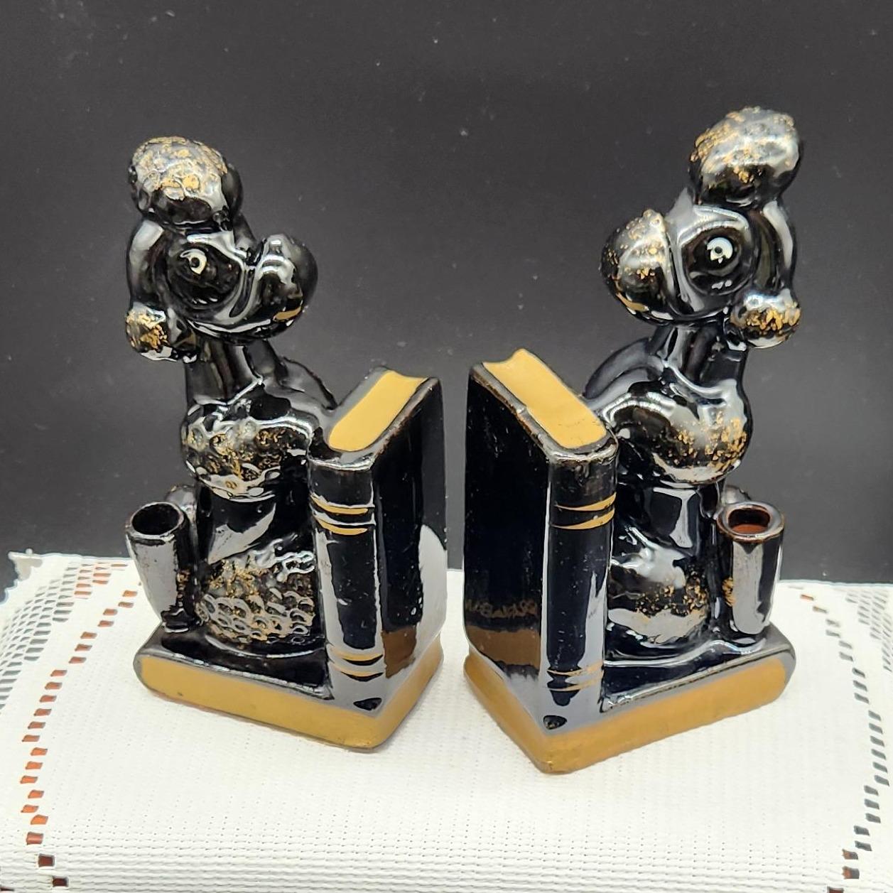 Vintage Redware Poodle Bookends Pen Holders with Gold Accents