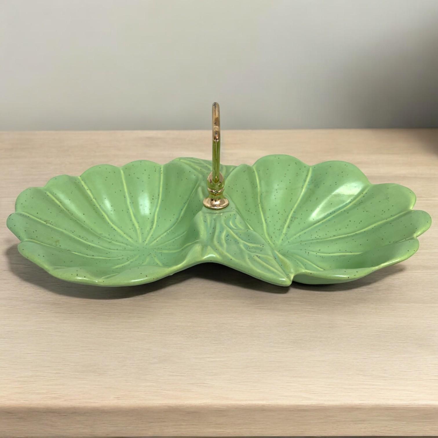 MCM USA Pottery Green Celedon Leaves Double Flower Relish Dish B-R 21 ...