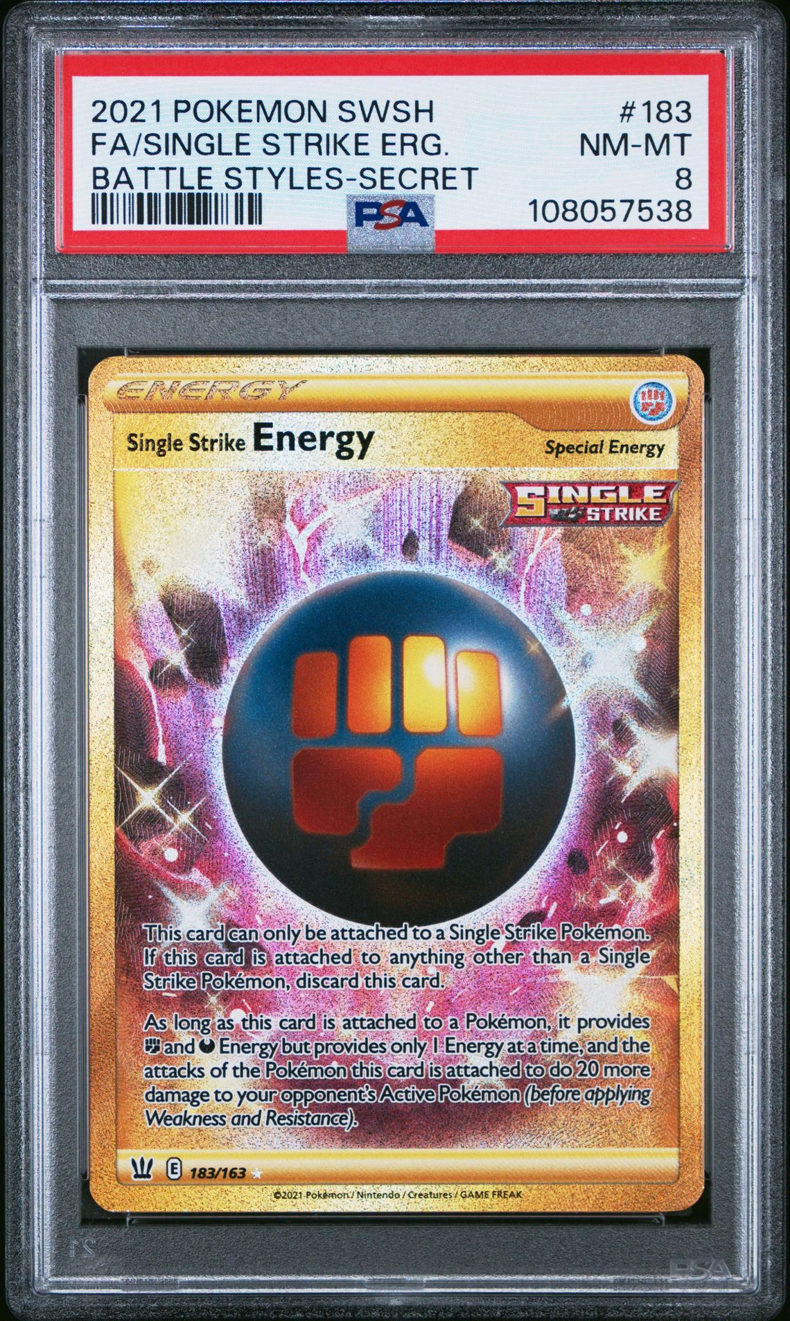2021 Pokemon Battle Styles Full Art Single Strike Energy Secret Rare PSA 8