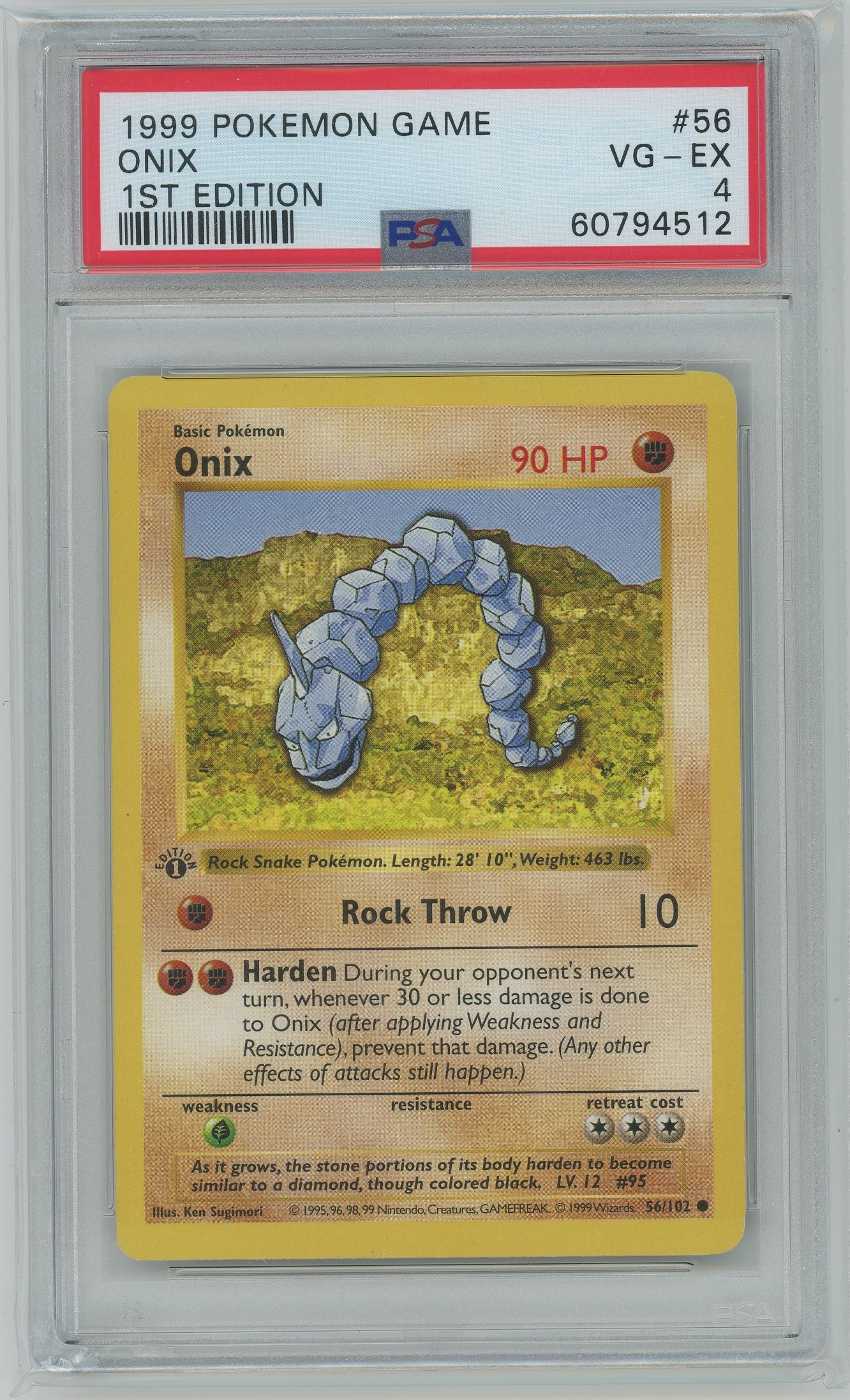 Pokémon 1999 Base Set 1st Edition Shadowless Onix #56 PSA 4
