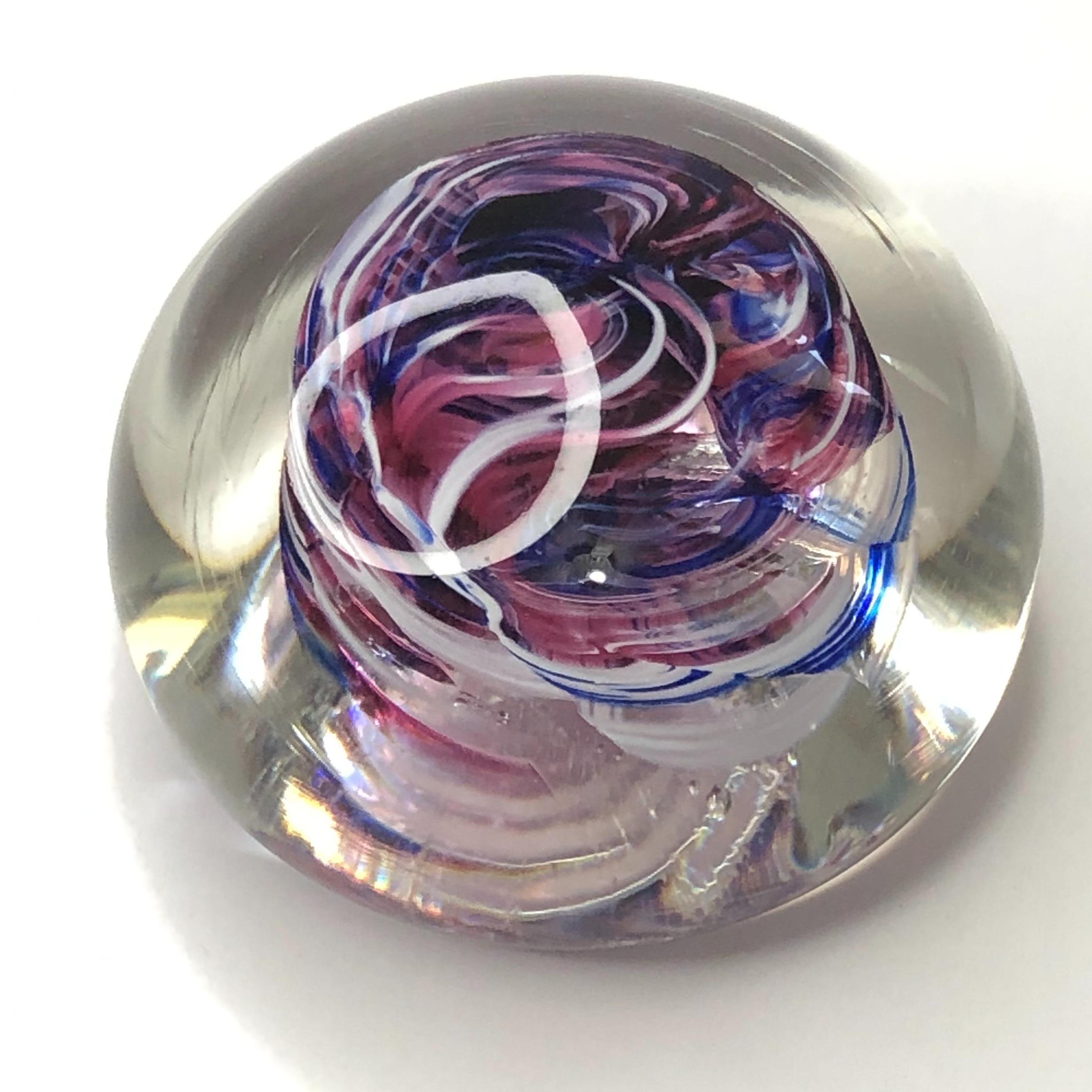 Miniature Art Glass Paperweight Blue Pink White Swirl