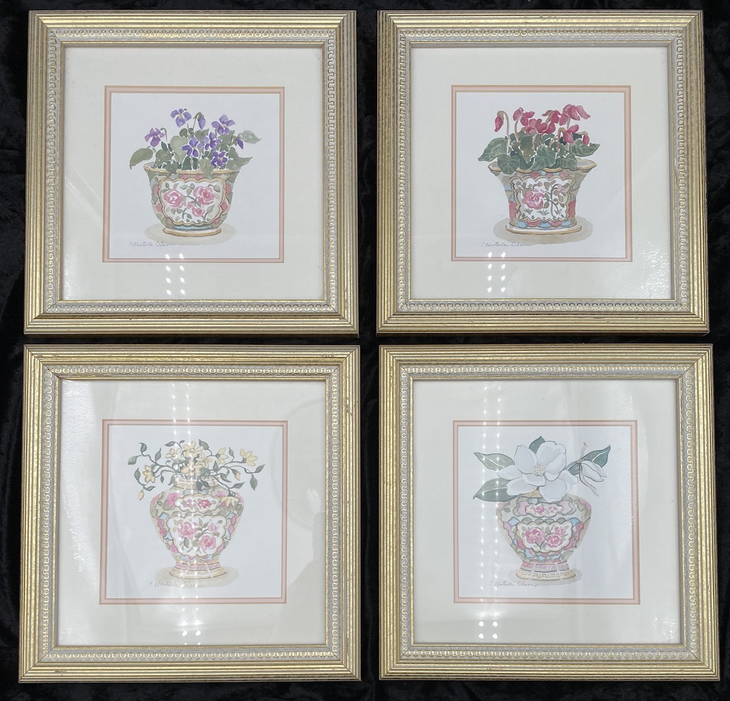 C. Winterle Olson - 4 Signed Floral Watercolors, Matted/Framed, 9.6" x 9.6"