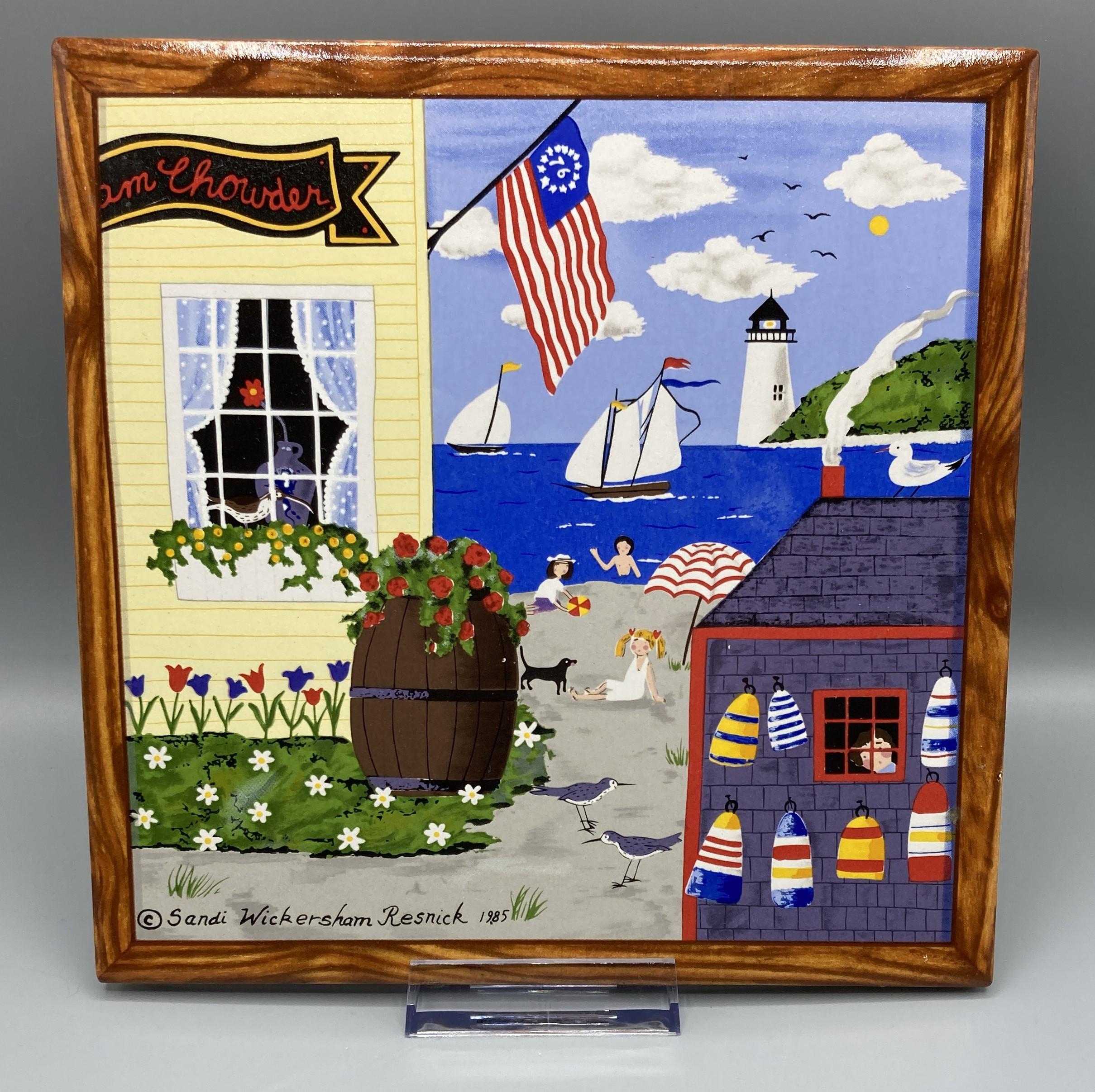 Sandi Wickersham Resnick 1985 Hand Painted 8" Down by the Sea 1776 Tile ...