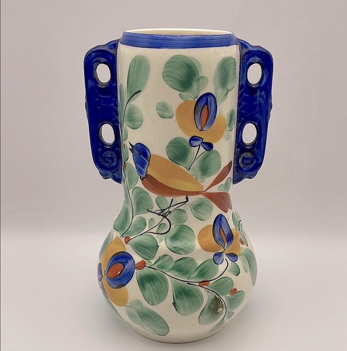 Vintage Bern Pottery Vase, Czechoslovakia, Hand painted Bird, Leaves ...