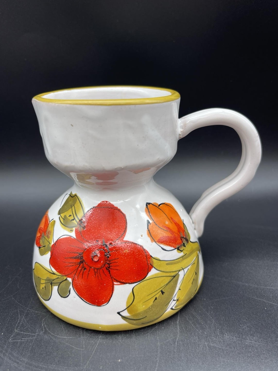 Vintage Italian art pottery narrow neck pitcher with spout. Floral design
