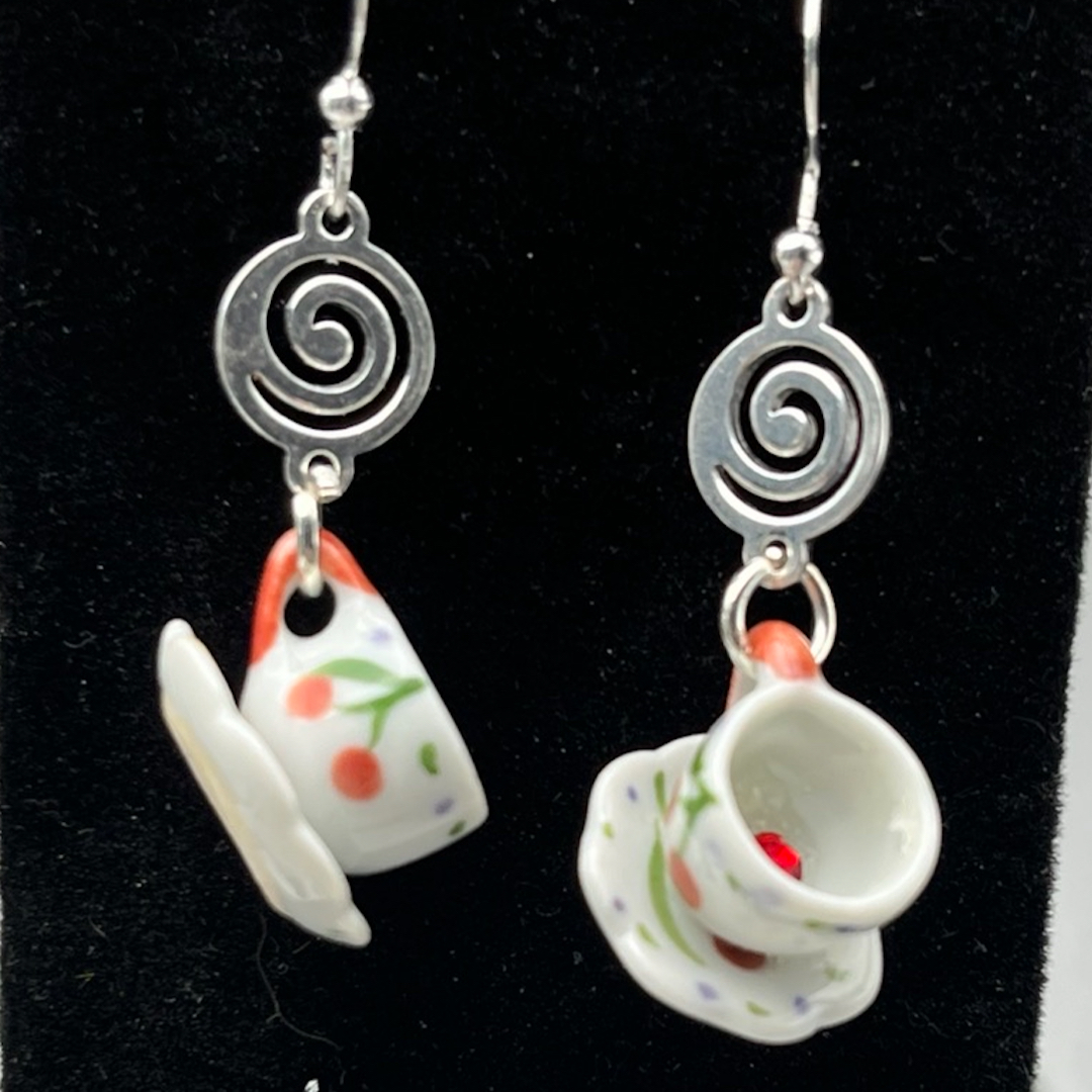 Short Swirl Cherry Teacup Earrings