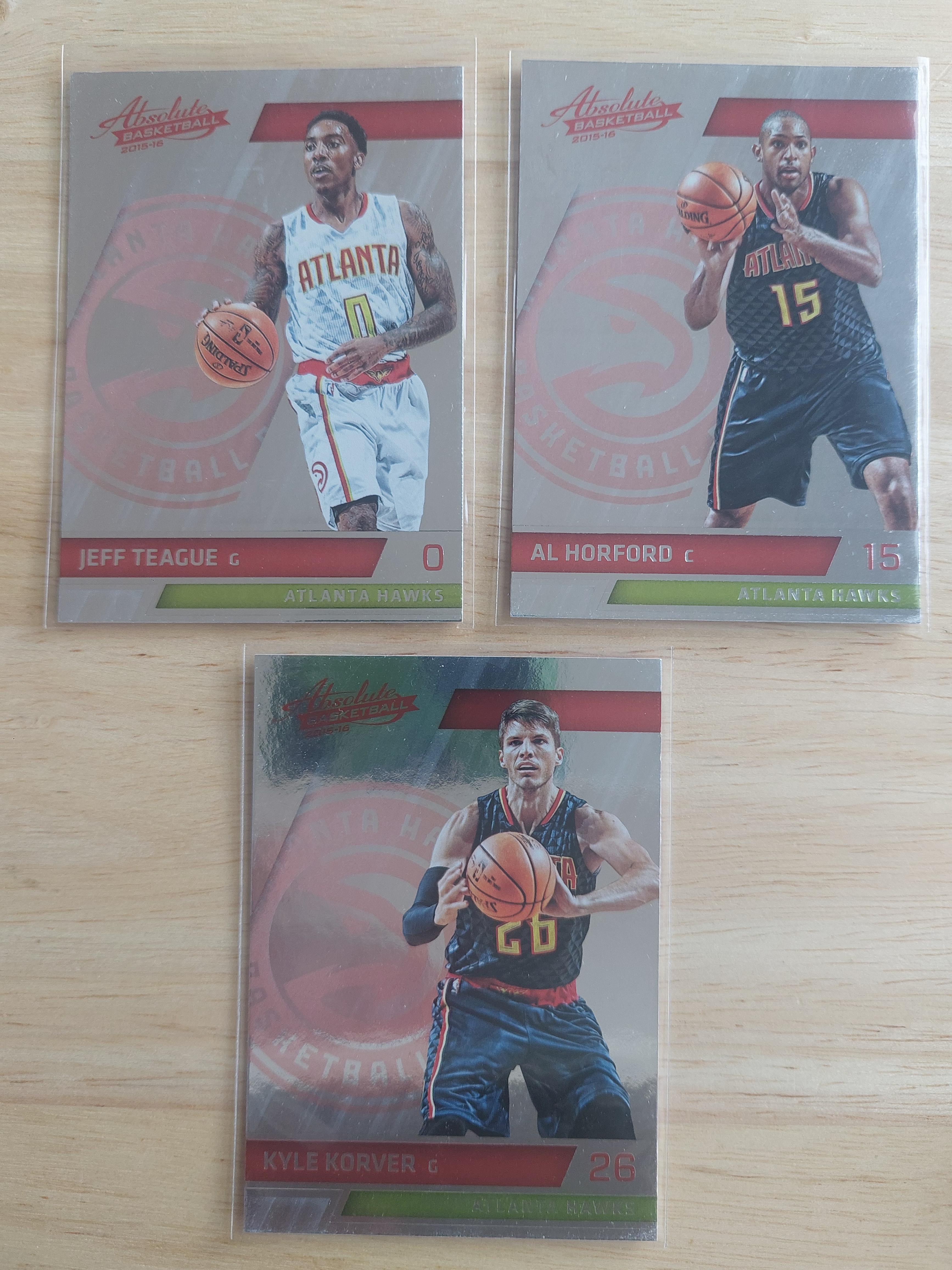 3 Atlanta Hawks cards. Kyle Korver, Al Horford, Jeff Teague.