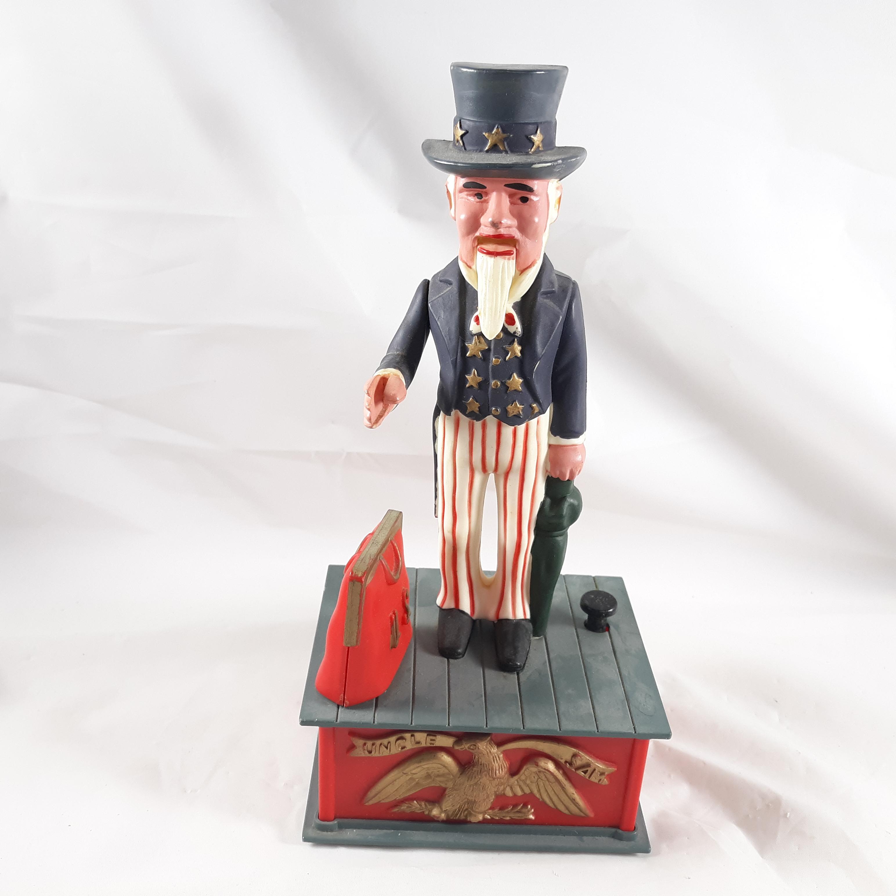 Vintage 1970's Mechanical Uncle Sam Plastic Reproduction Coin Bank Works
