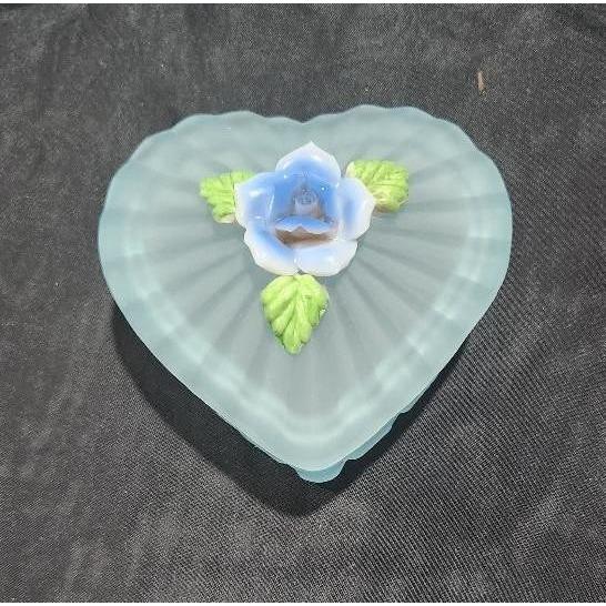 Frosted Blue Glass Trinket Box w/Blue Rose Flower 2"x 3 1/2"