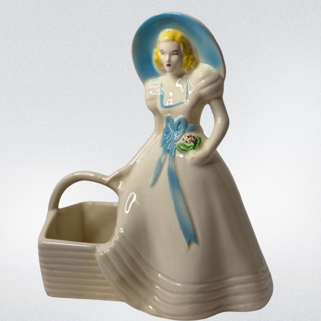 Hull Art Pottery Southern Belle Lady Planter Ivory Dress Blue Hat and ...