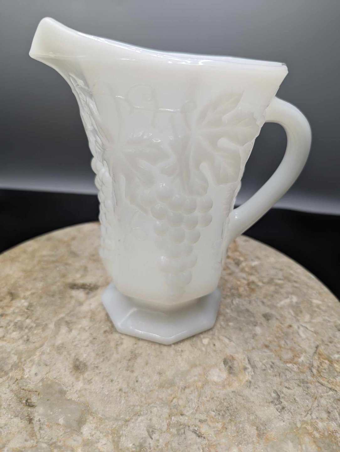 Vintage Anchor Hocking Pitcher White Milk Glass Grapes & Leaves Design