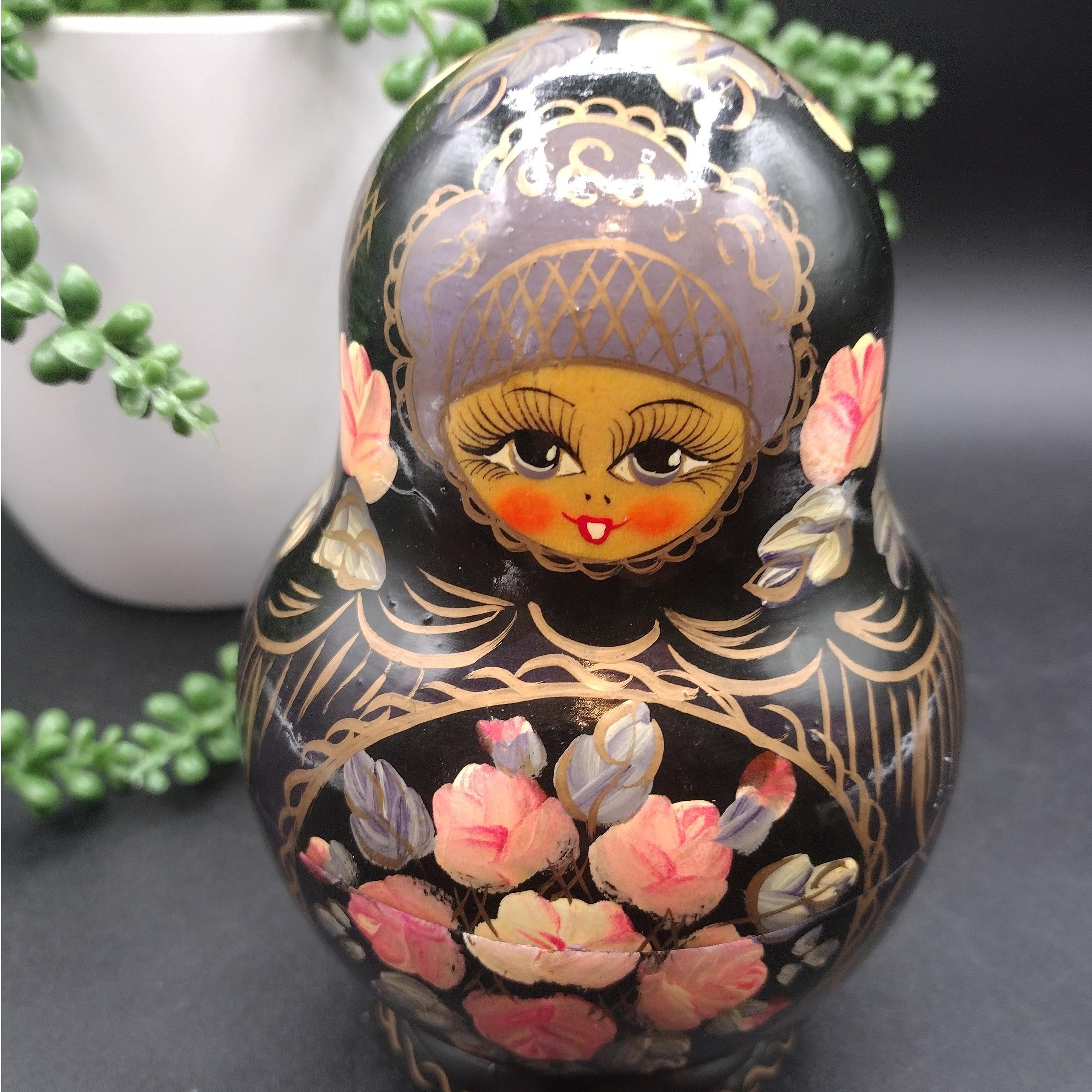 Vintage MATRYOSHKA Nesting 9 Dolls Black Pink Gold Signed Folk Art ...