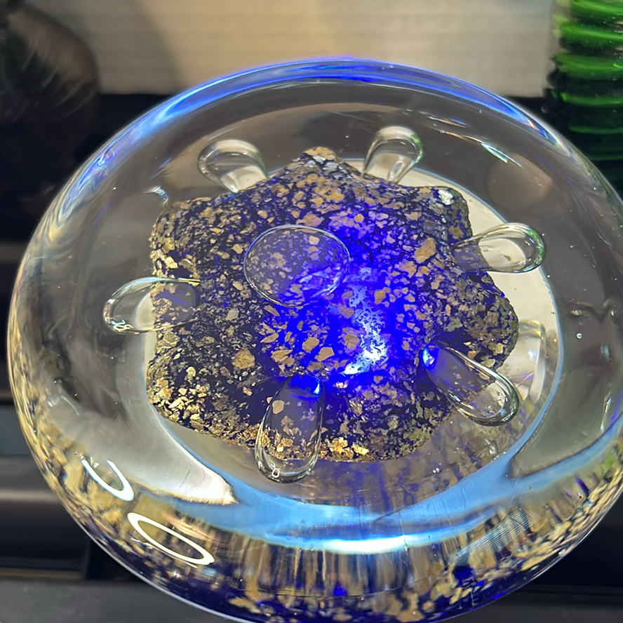 Clear Blue Gold Paperweight Flat On Top Almost 5 Inches Across