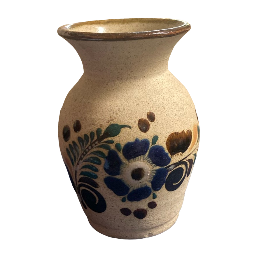 Tonala Pottery Sandstone Vase Painted Flower Mazatlan