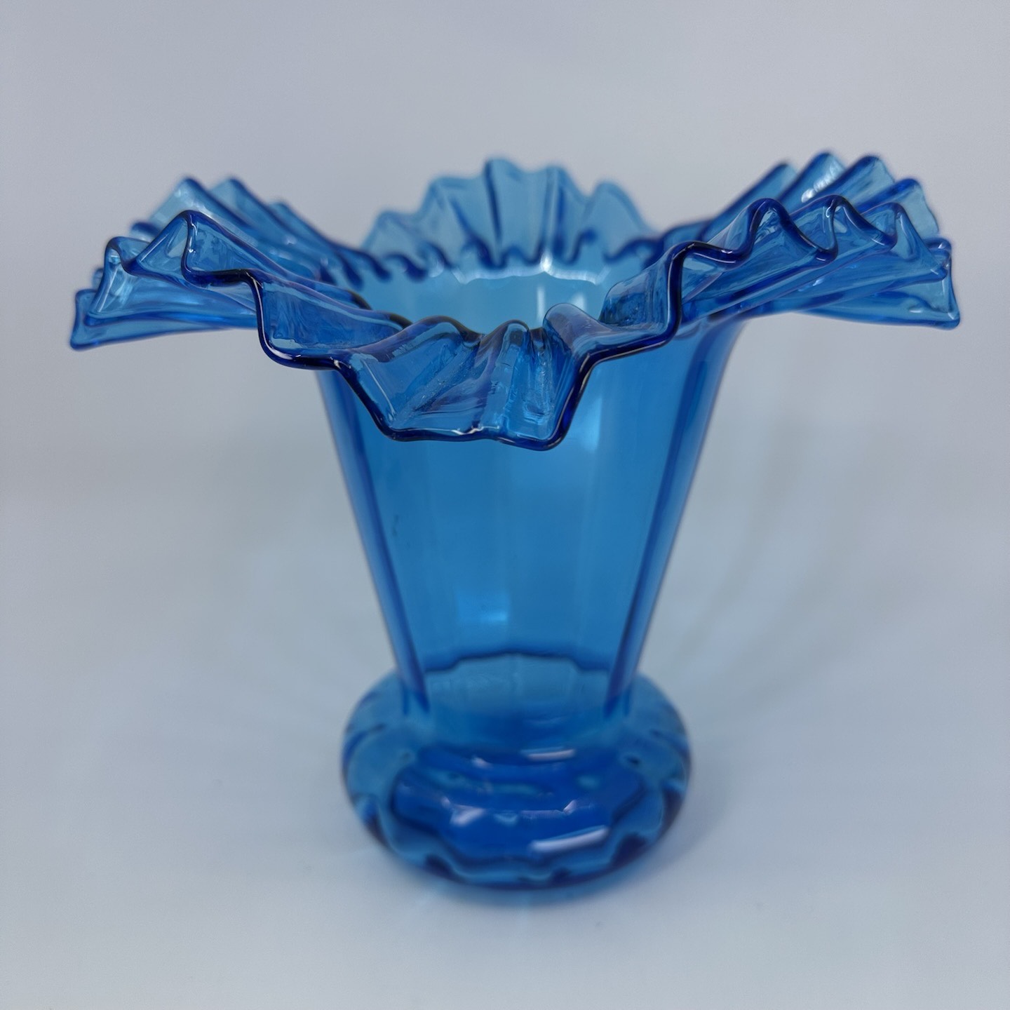 Vintage 1940’s Beacon Glass Azure Blue Hand blown Ruffled Tulip Glass Vase