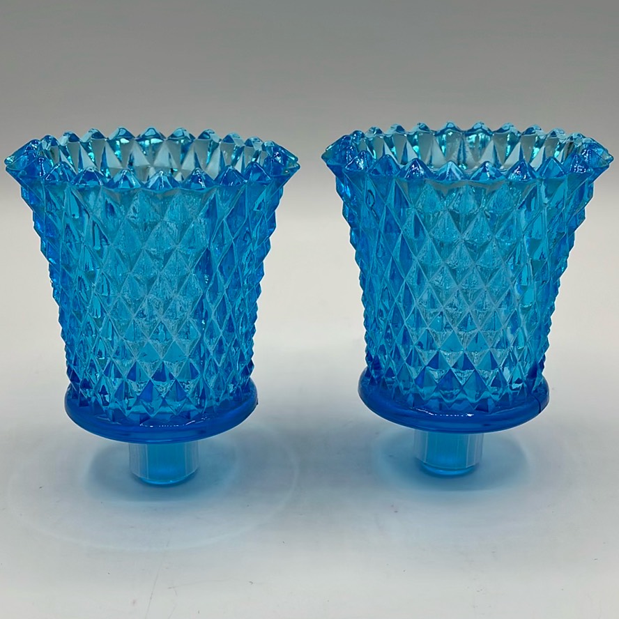 Pair Blue Indiana Glass Diamond Point Votive Holder Taper Candle Inserts