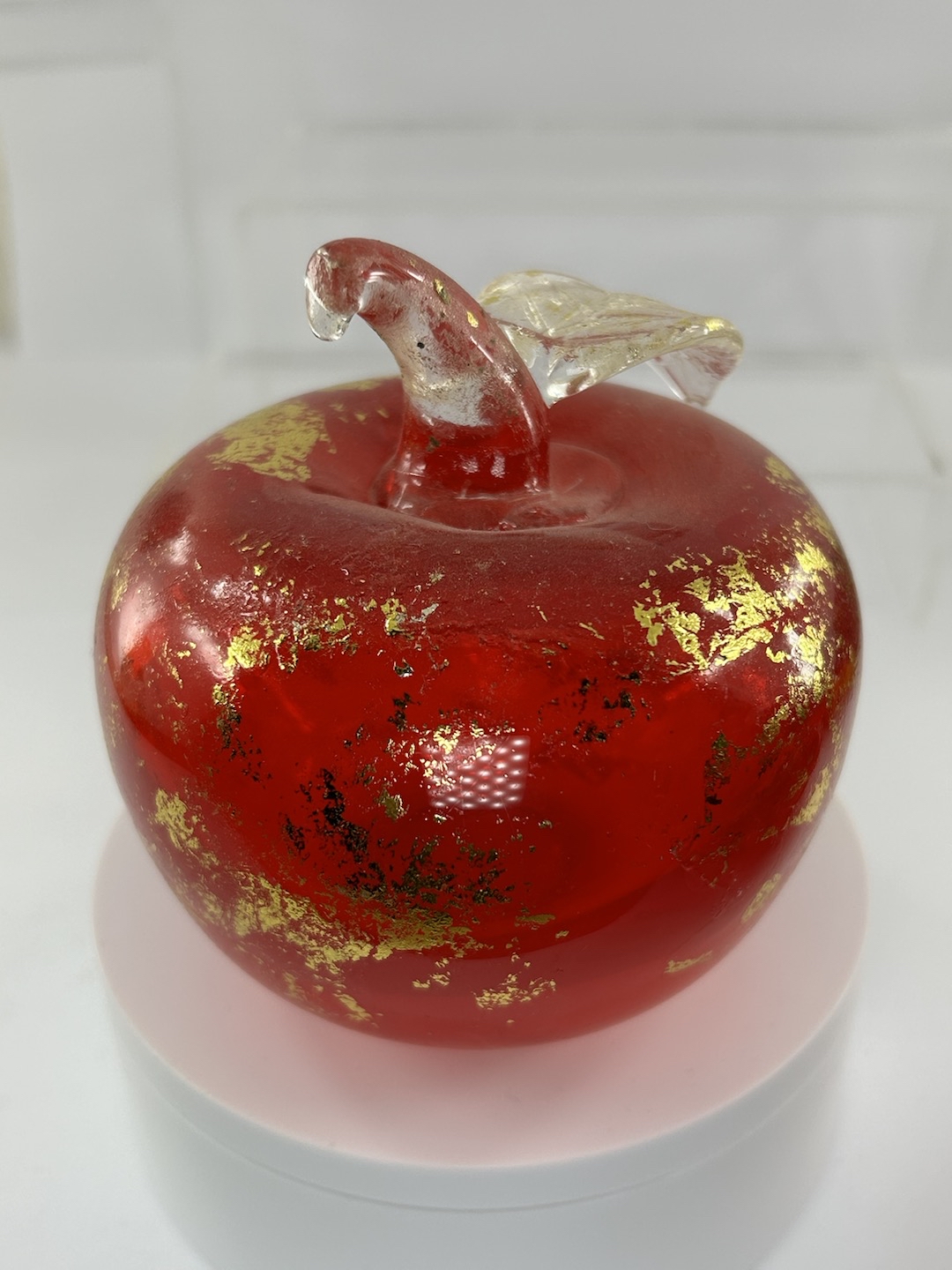 Vintage Red Glass Apple With Gold Leaf