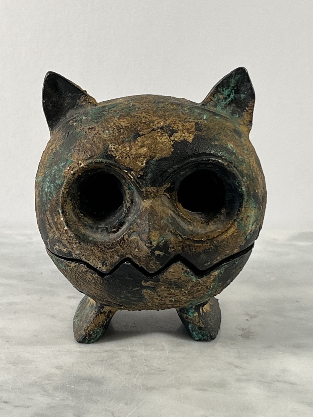 Mid Century Japanese Hand Cast Metal Gold Gilt Small Owl Lantern Art